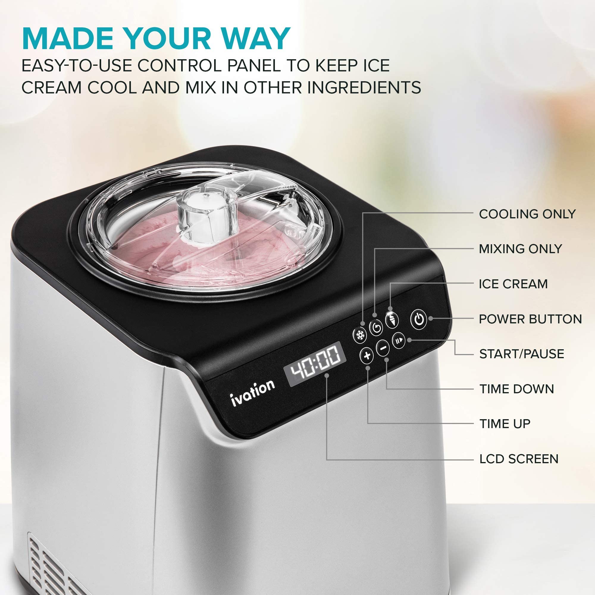Ivation 1.2 Qt Automatic Ice Cream Maker Machine & Gelato Maker with B ...
